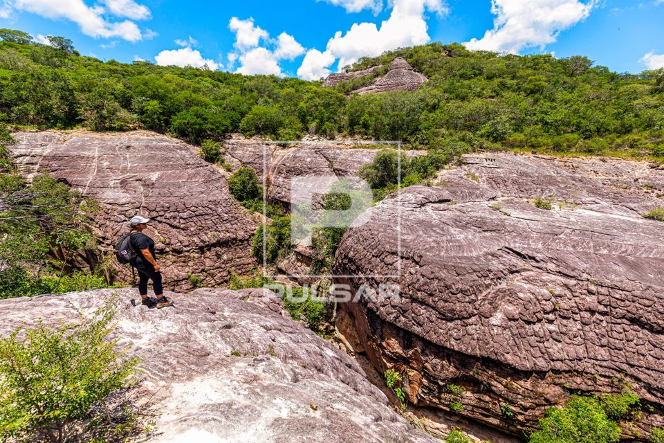 Ecoturista observa formações rochosas de arenito e vegetação da ...