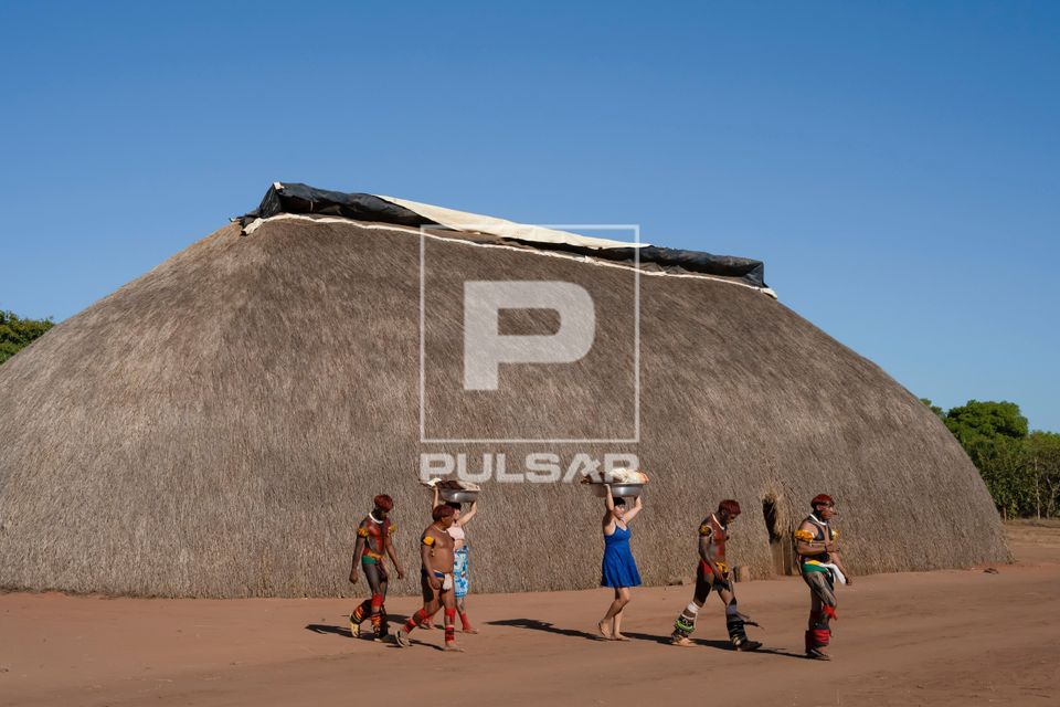 Indígenas da etnia Kuikuro da aldeia Ipatse pintados para ritual de ...