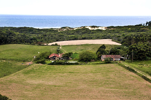 Lagoa em meio as dunas e vegetação com mar ao fundo na Praia do Siriu ...
