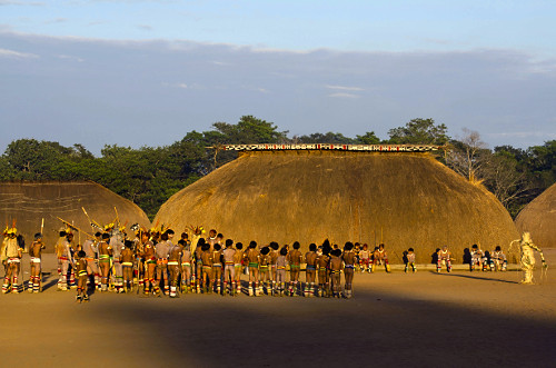 Índios Kalapalo da Aldeia Aiha sentados em tronco pintados para o ...